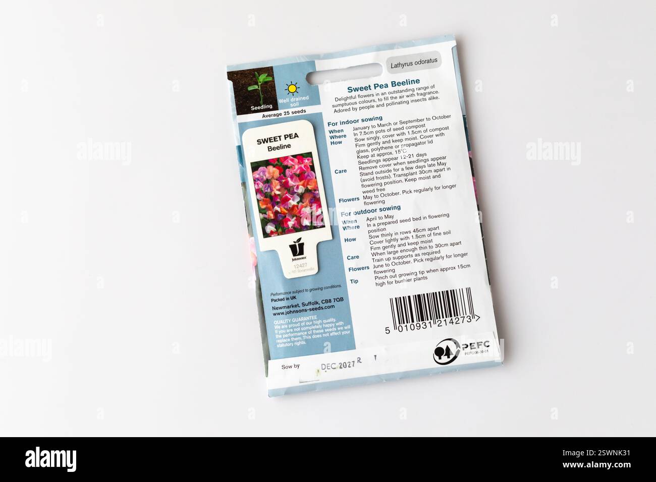 The back of a packet of Johnsons Sweet Pea seeds Stock Photo - Alamy