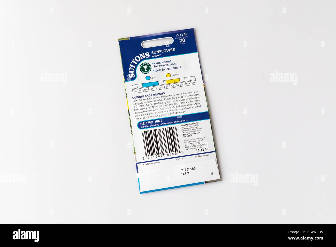 The back of a packet of Suttons Sunflower seeds Stock Photo - Alamy