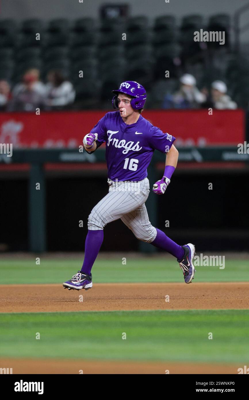 February 21, 2025: Nolan Traeger (16) of TCU makes his way between ...