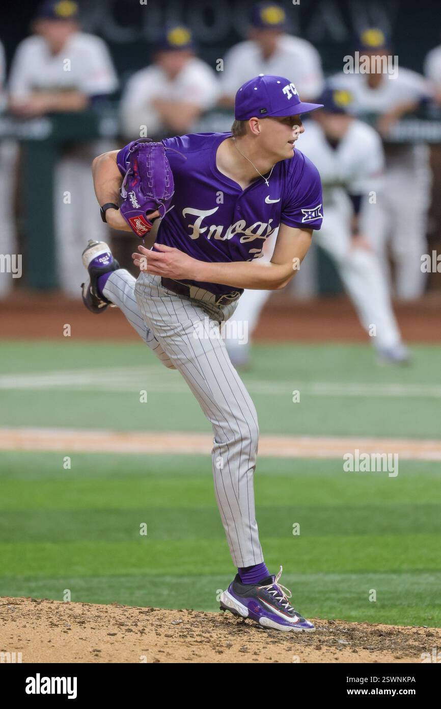 February 21, 2025: TCU pitcher Braeden Sloan (32) finishes up his ...