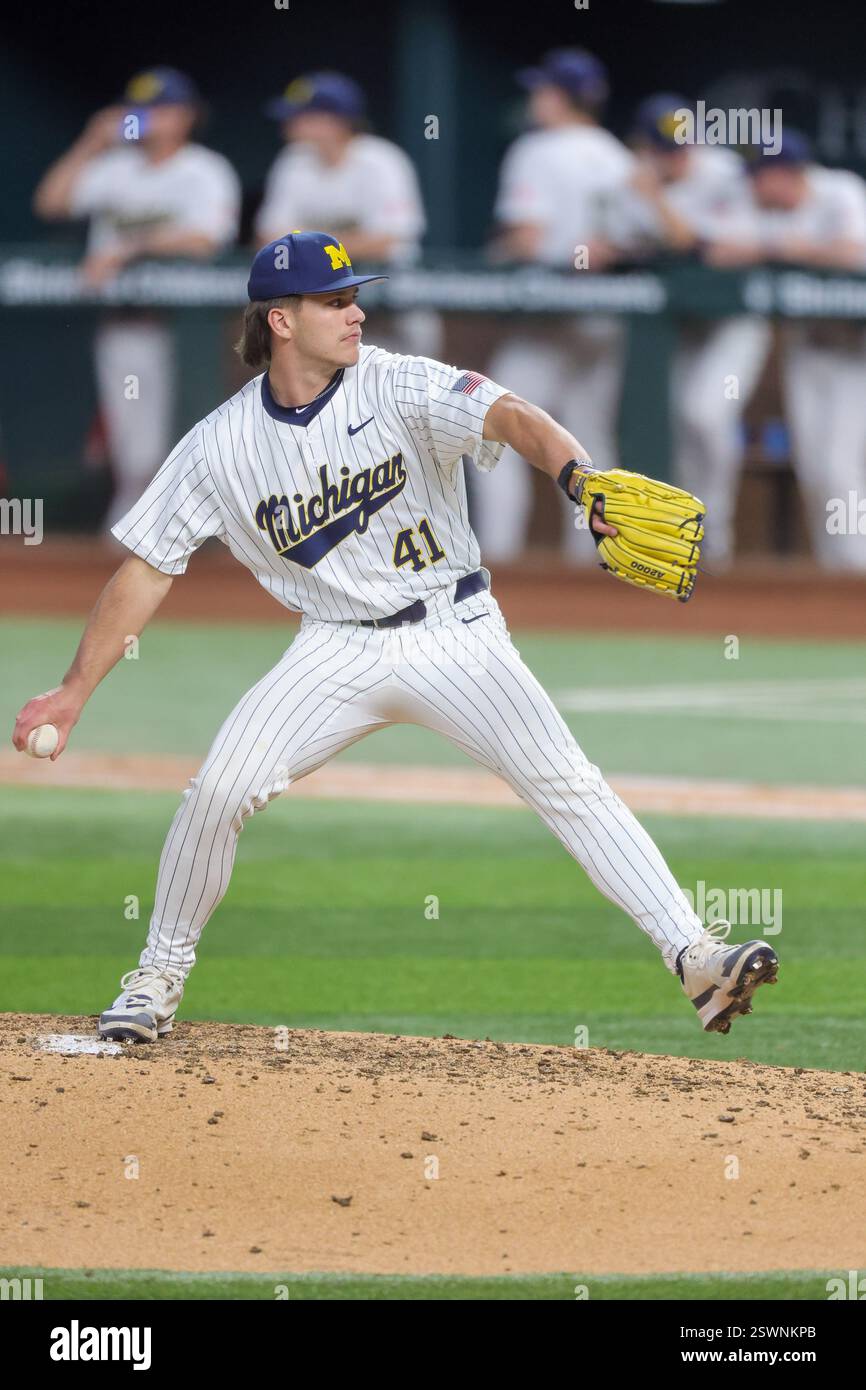 February 21, 2025: Wolverine pitcher Grant Bradley (41) comes down the ...