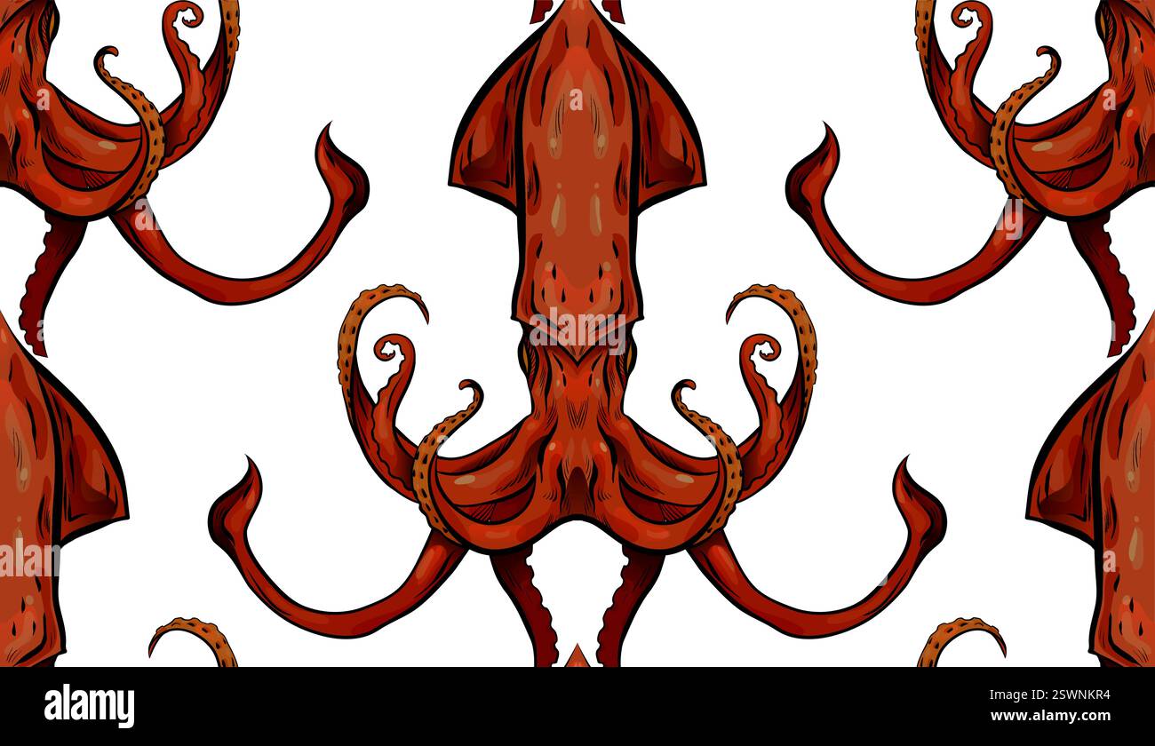 Vector seamless pattern with red squids on a white background. Texture ...