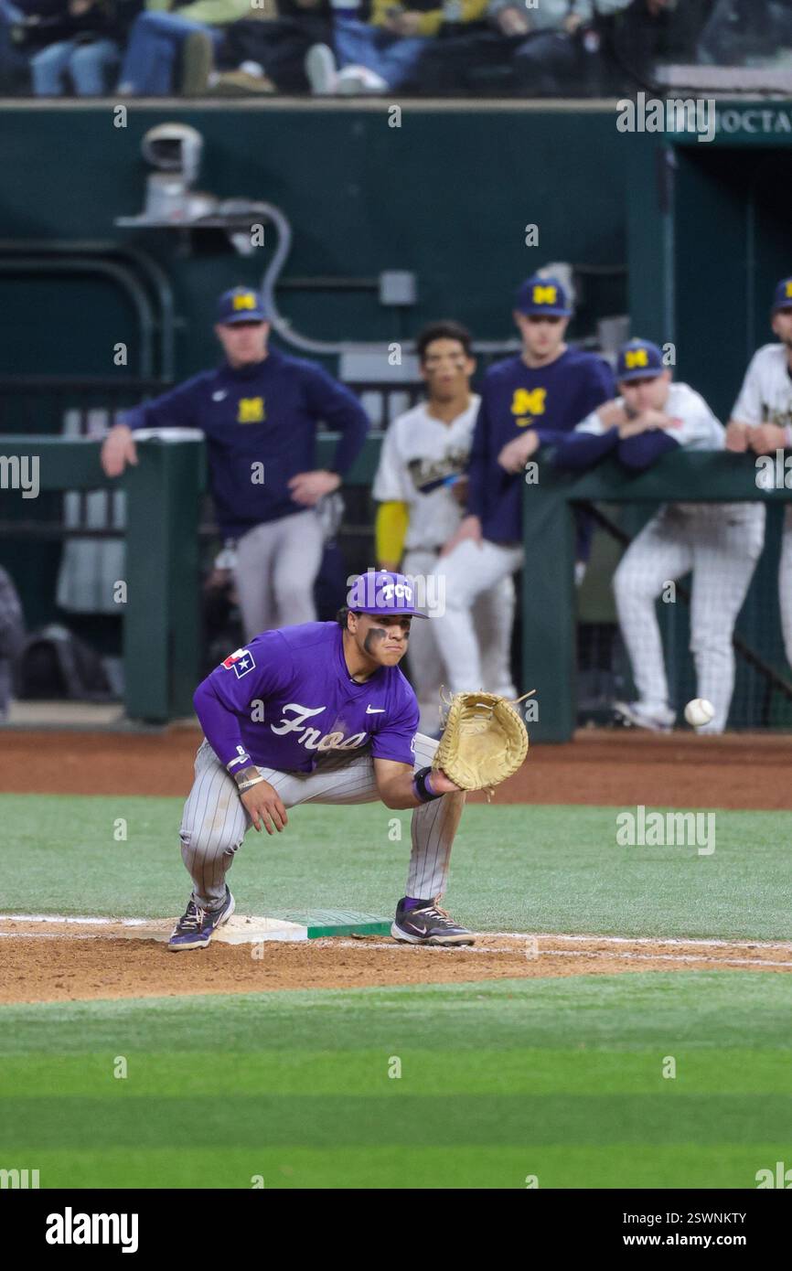 February 21, 2025: TCU first baseman Isaac Cadena (8) goes down to make ...