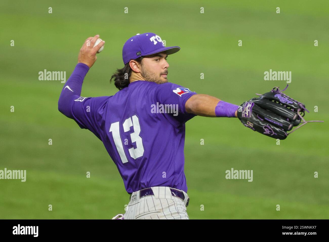 February 21, 2025: TCU outfielder Sam Myers (13) prepares to make a ...
