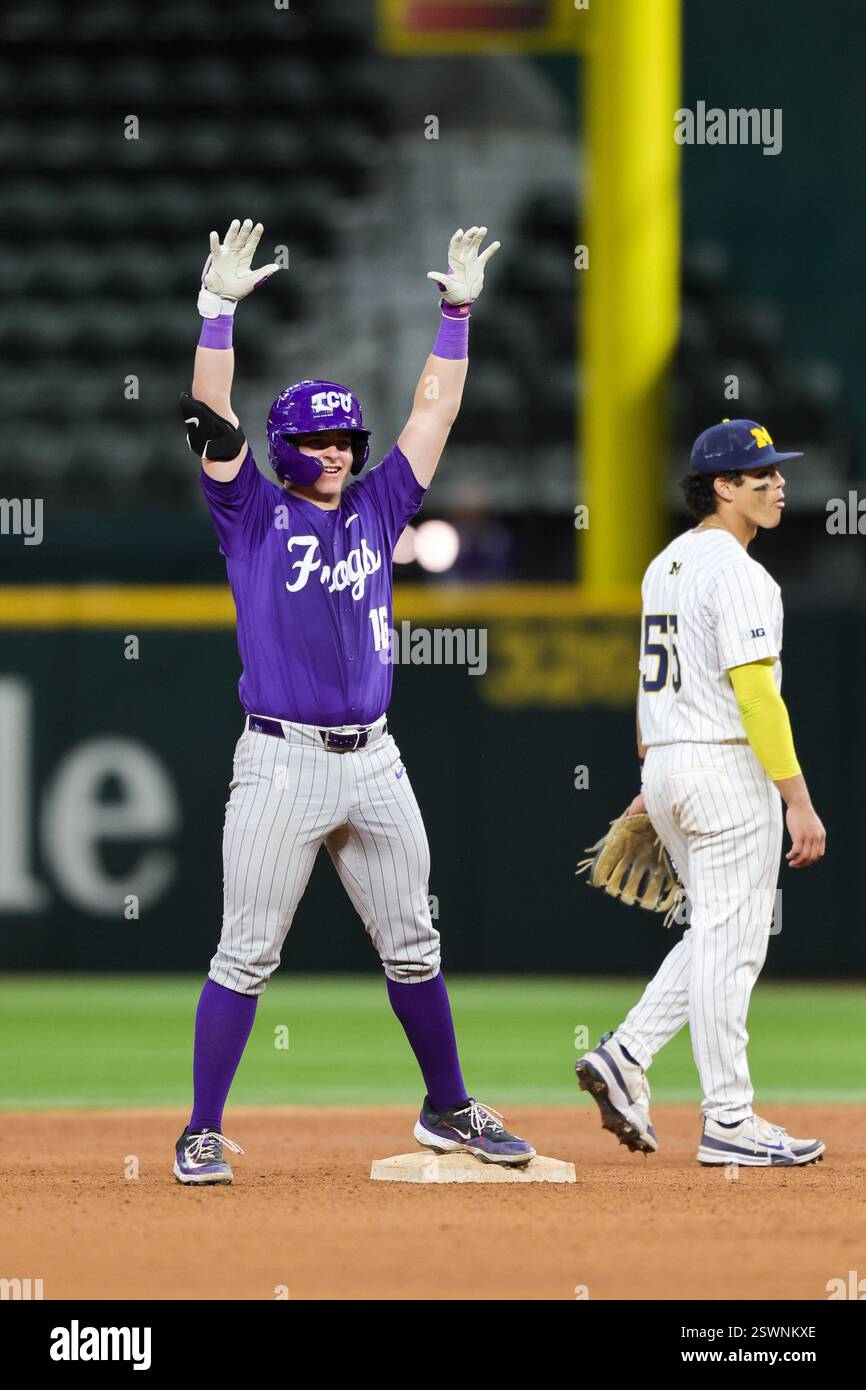 February 21, 2025: Nolan Traeger (16) of TCU motions towards the dugout ...