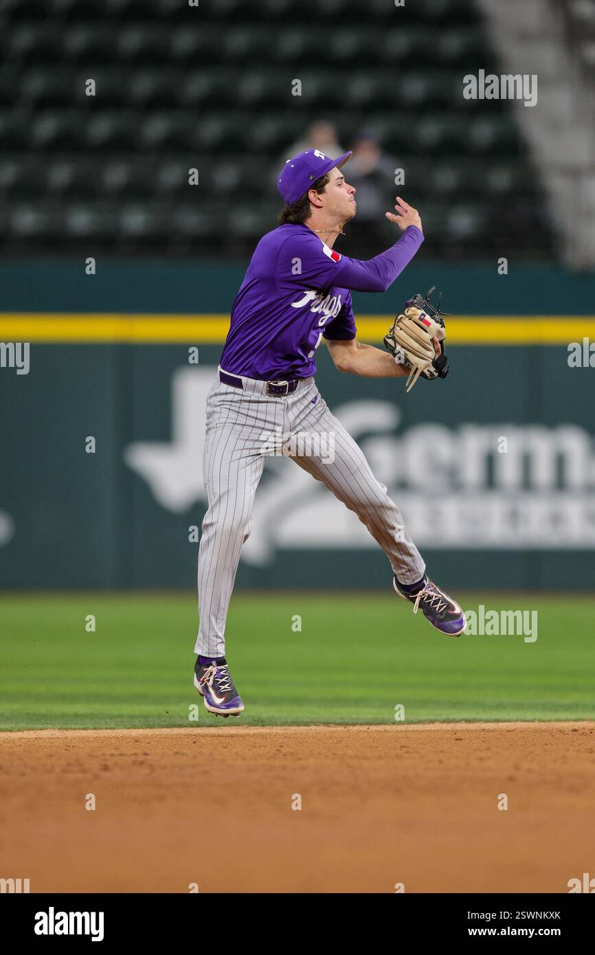 February 21, 2025: TCU infielder Anthony Silva (5) leaps as he makes a ...
