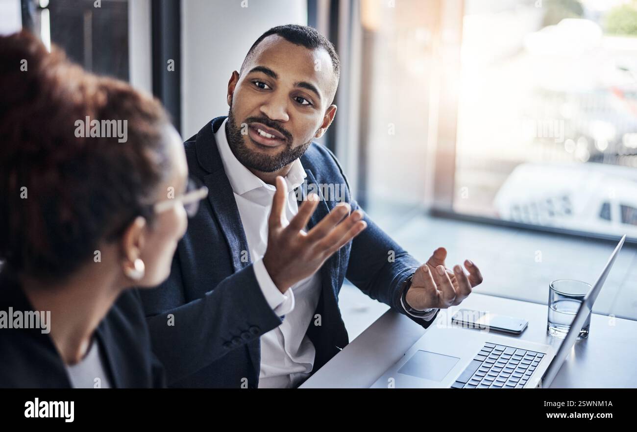 Discussion, laptop and performance review with business people in ...