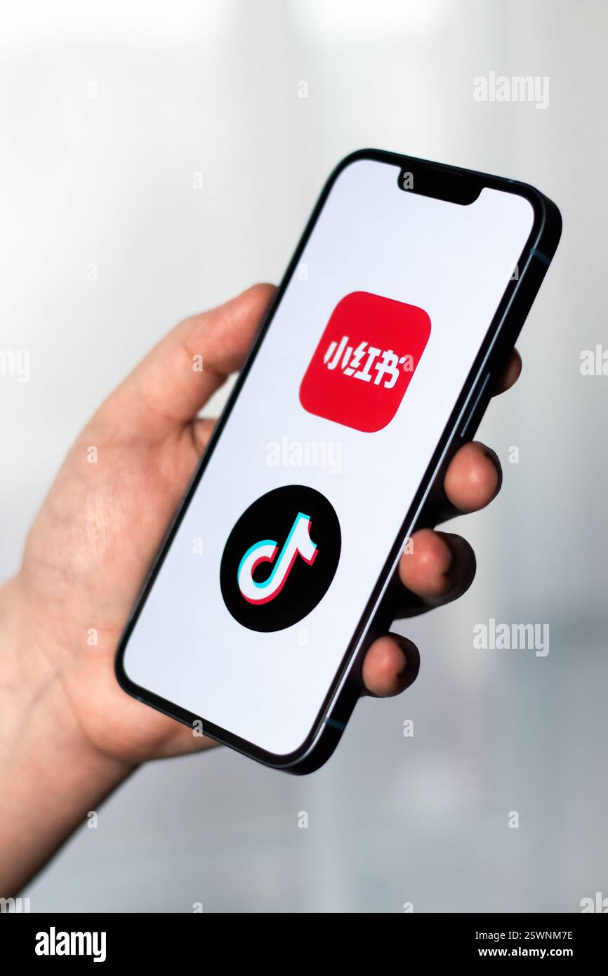 Kaliningrad, Russia. 15/01/2025. Red Note app over Tik Tok app icons on ...