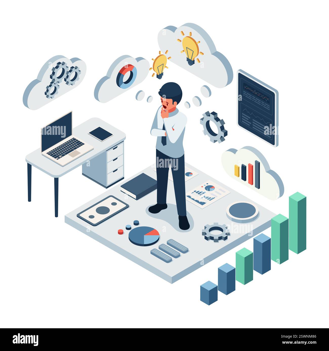 Isometric Entrepreneur Analyzing Business Strategies and Financial Data ...