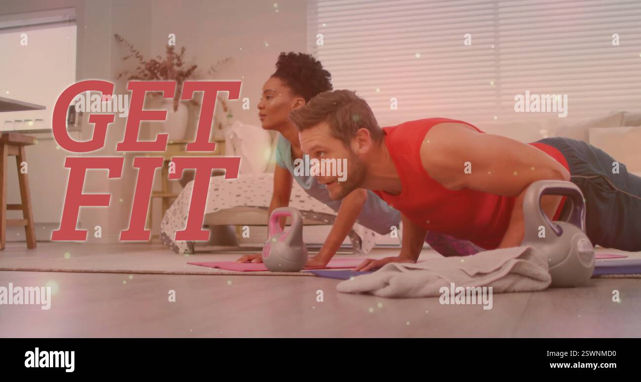 Image of get fit text over diverse couple doing push ups at home Stock ...