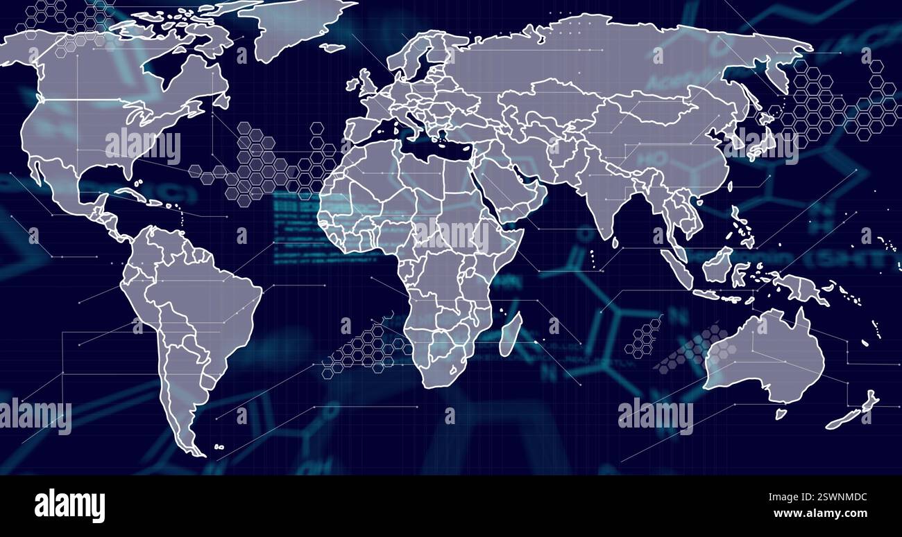 Image of chemical formula and data processing over world map Stock ...