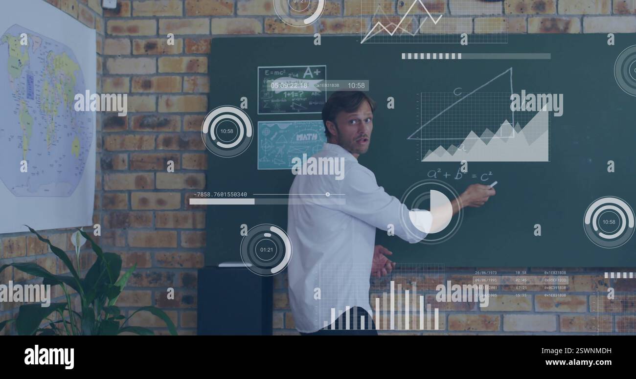 Image of diagrams and data processing over caucasian male teacher ...