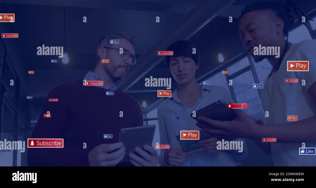 Image of social media icons with texts over diverse colleagues using ...