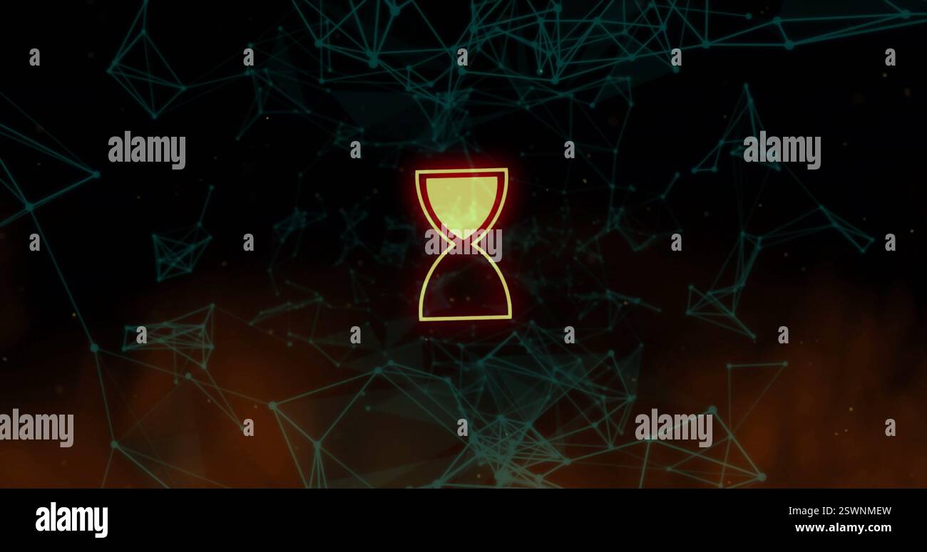 Image of hourglass over network of connections on black background ...