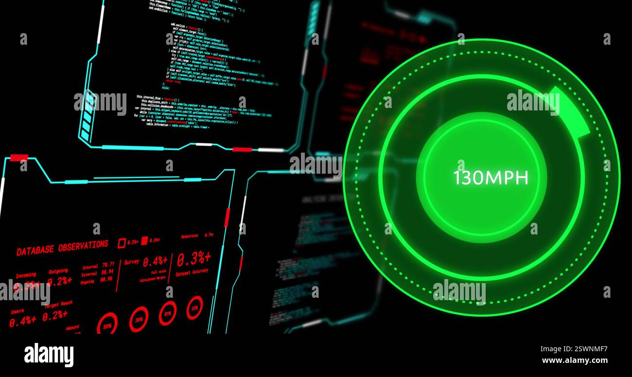 Image of digital data processing over screens and green speedometer on black background Stock ...