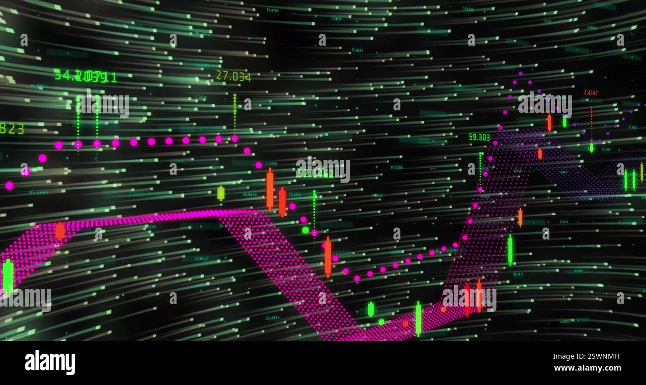 Image of data processing over light trails on black background Stock ...
