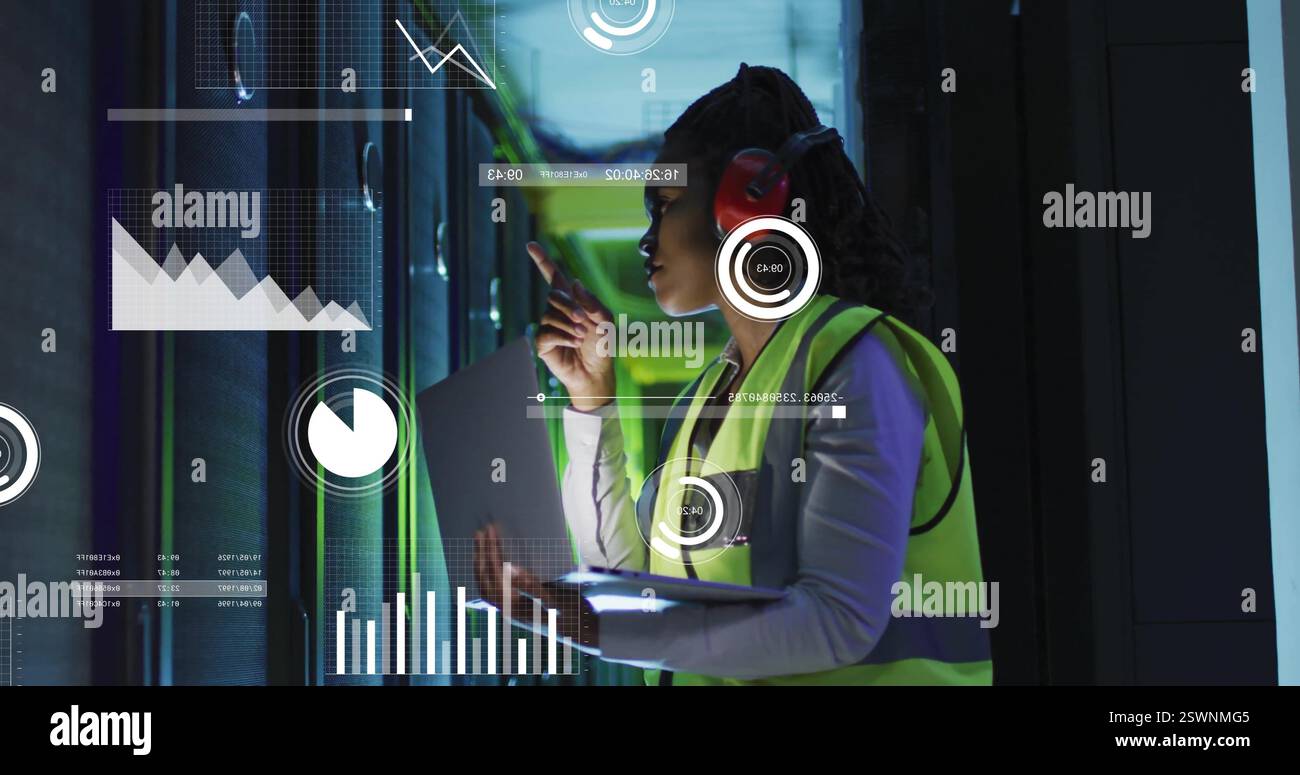 Image of digital data processing over afrcian american it woman with laptop by computer servers ...