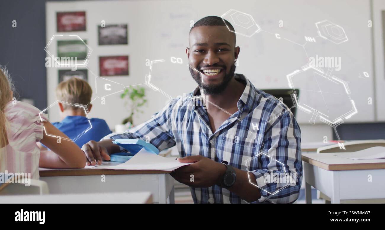 Image of chemical formula over diverse schoolchildren learning with ...