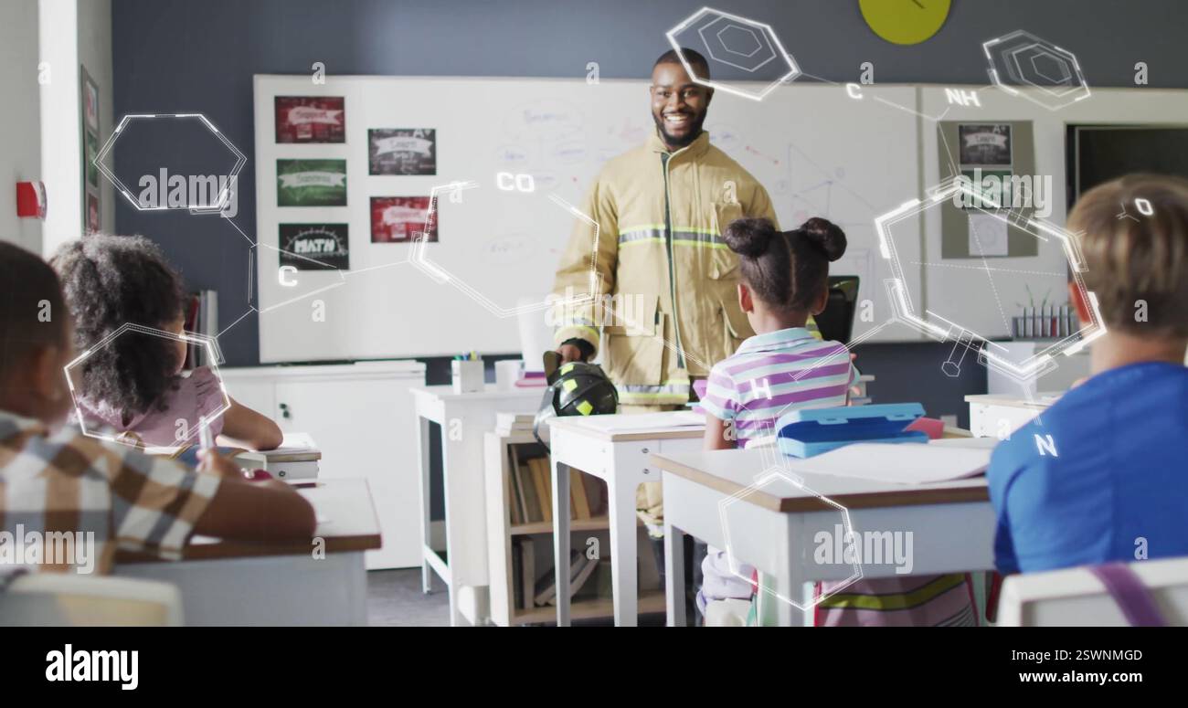 Image of chemical formula over diverse schoolchildren learning with ...