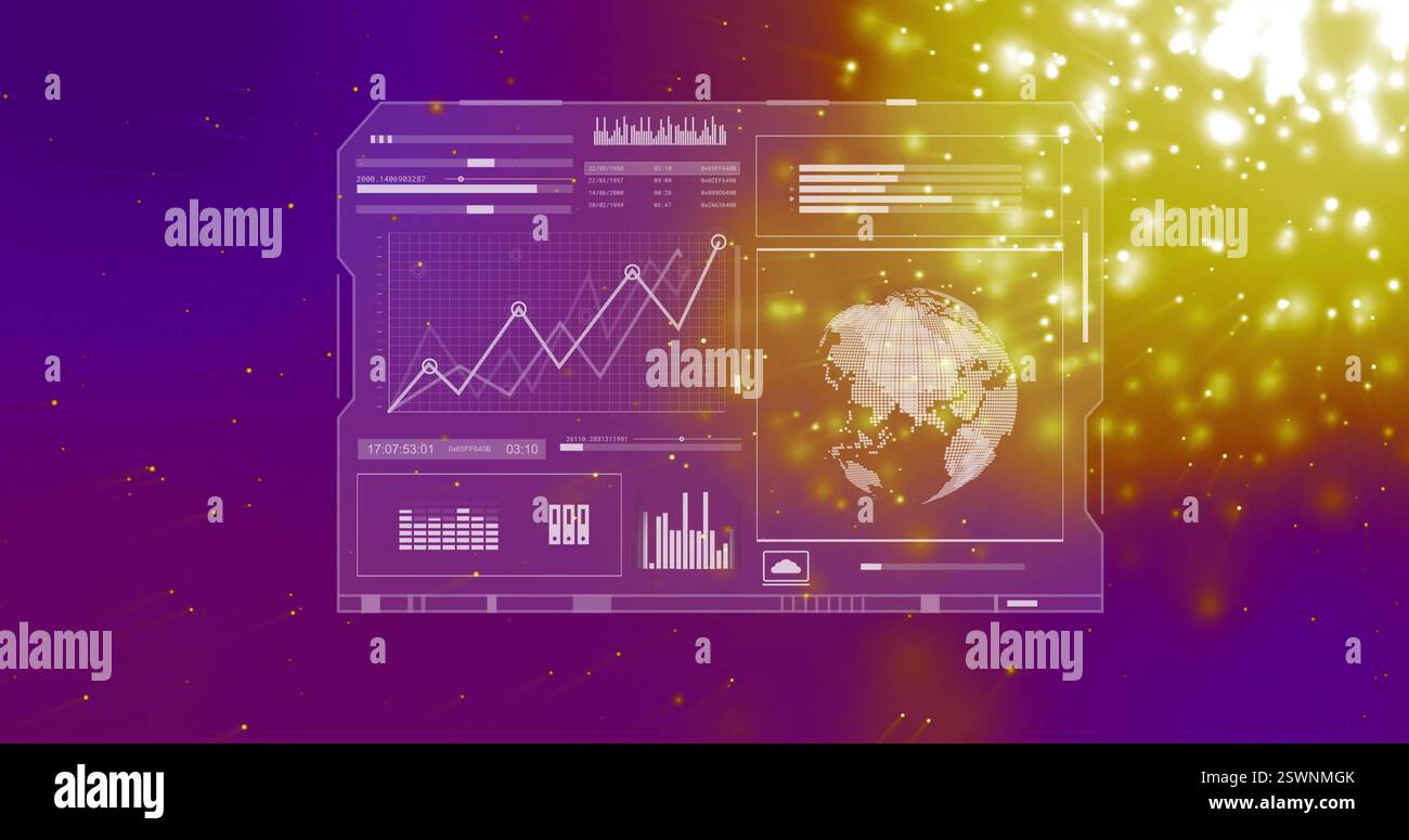 Image of globe and digital data processing over glowing spots on dark ...