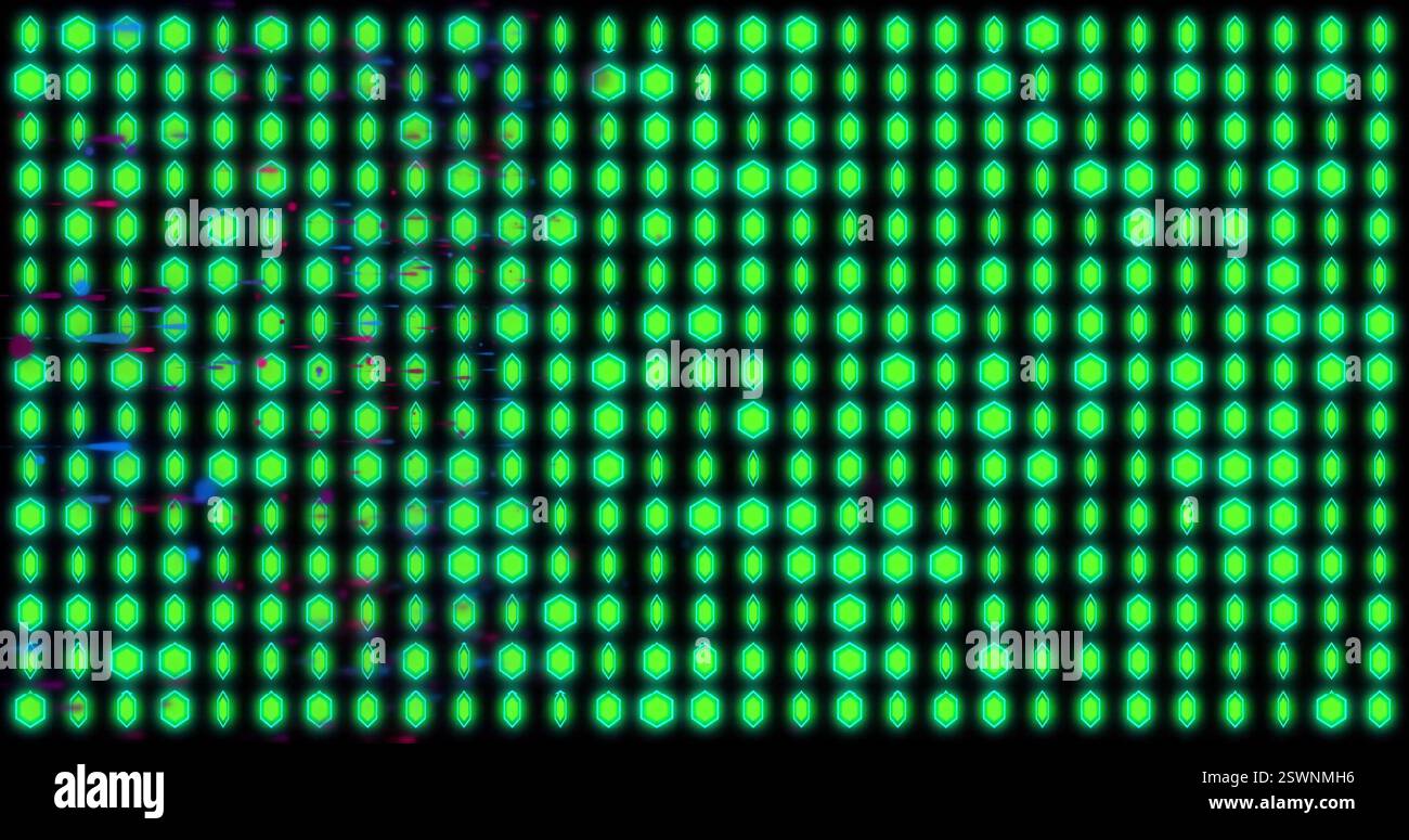 Image of rows of green glowing light spots moving over black background ...