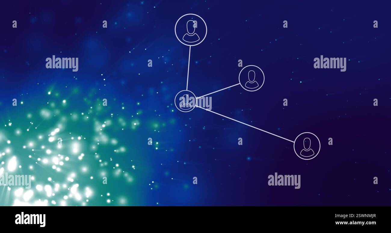 Image of netowrk of connections with people icons over glowing spots on ...