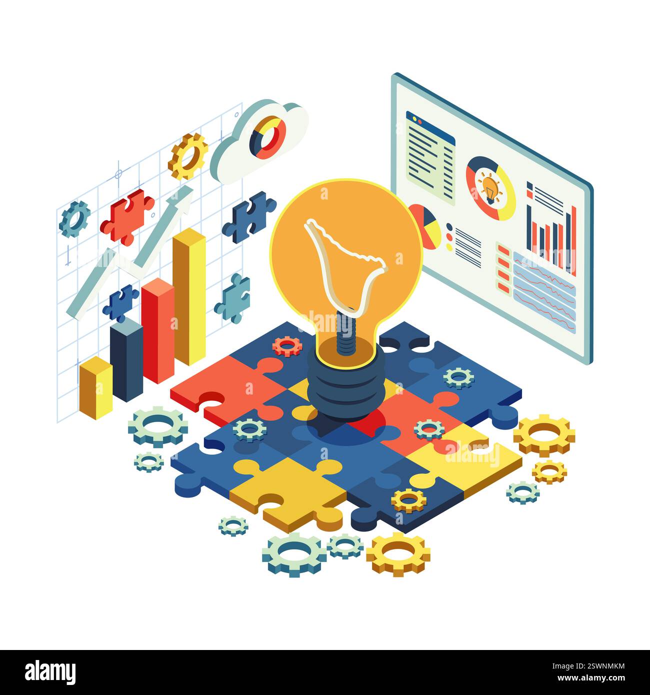 Isometric Lightbulb and Assembled Puzzle Pieces Symbolizing Creative Problem Solving. Creative ...