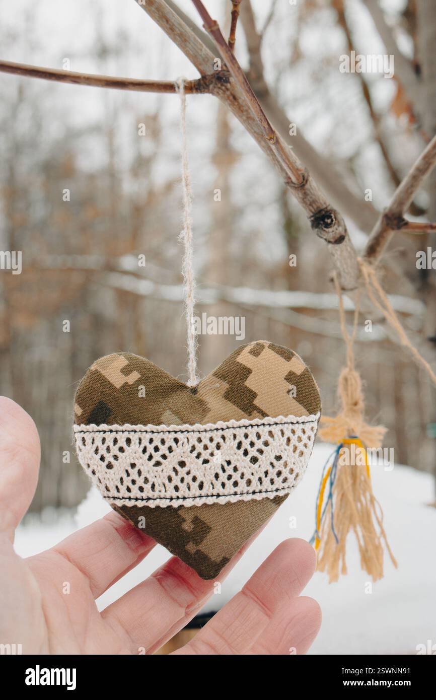 Handmade fabric heart made of camouflage of Ukrainian army forces ...
