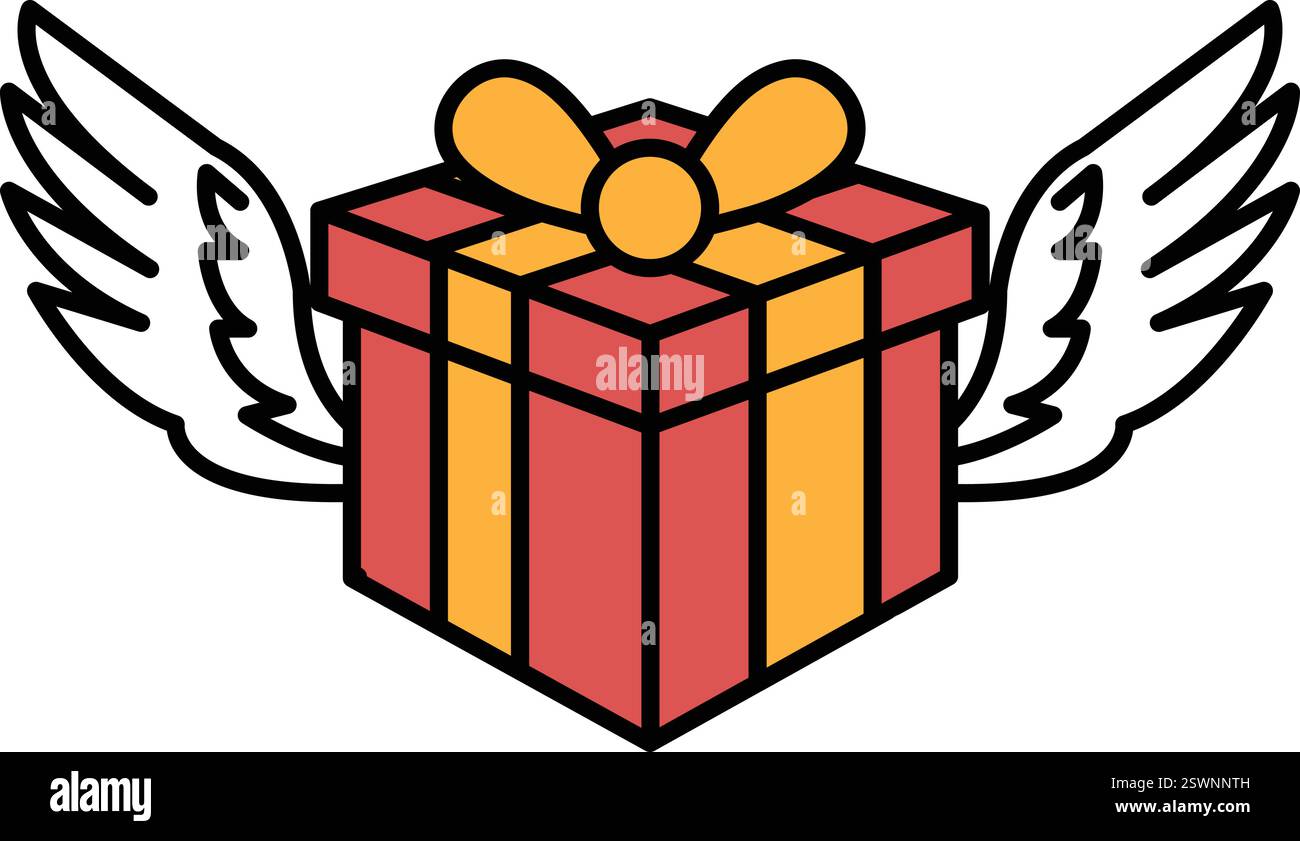 A red and yellow box with a white background and wings on top. The box ...