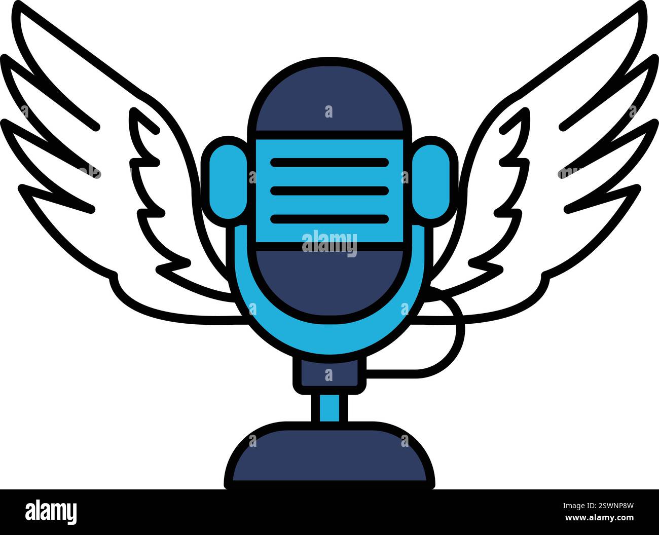 A microphone with a blue and white design is on a white background. The ...