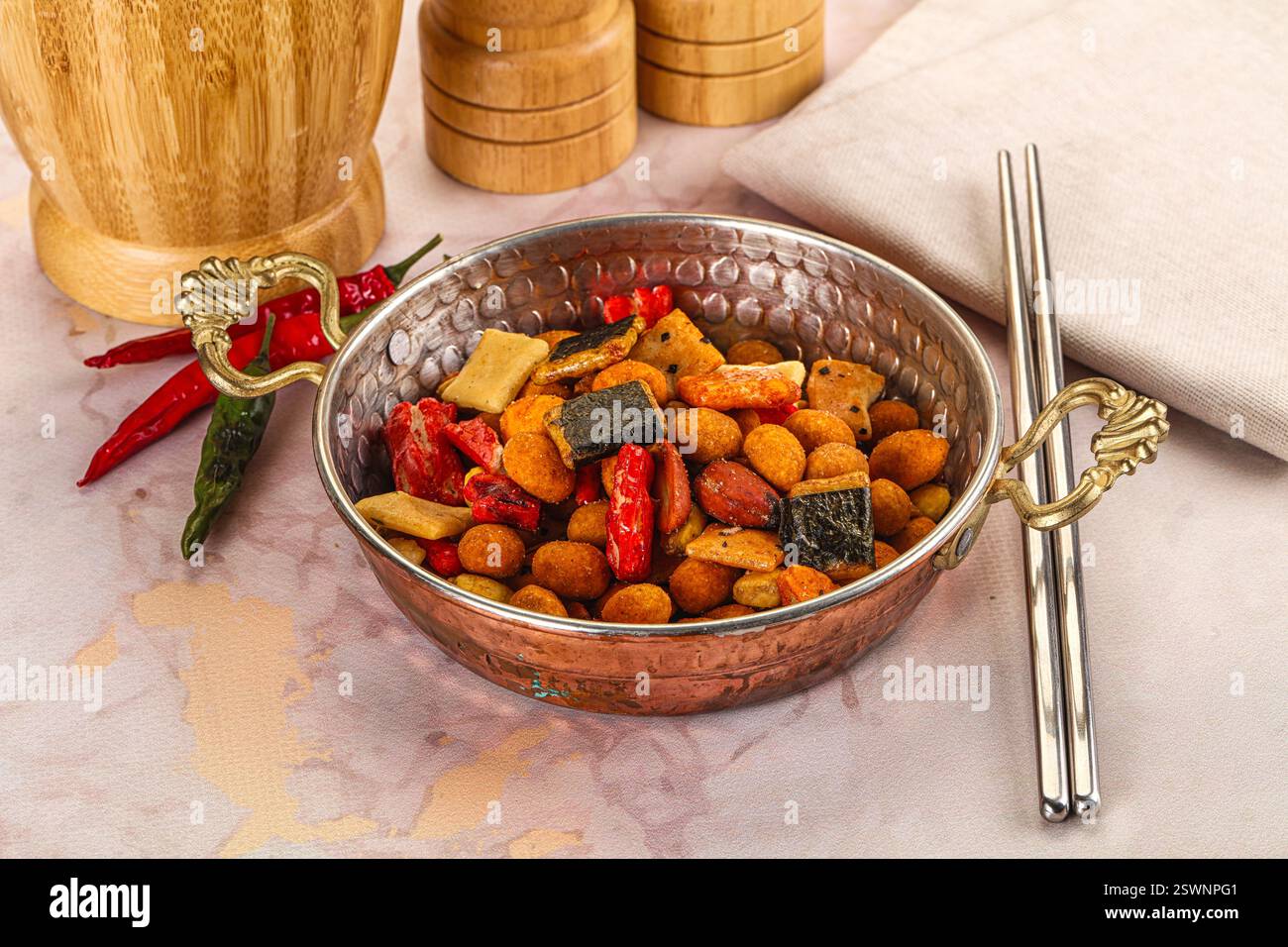 Japanese snack - Chili mame arare rice spicy cracker Stock Photo - Alamy