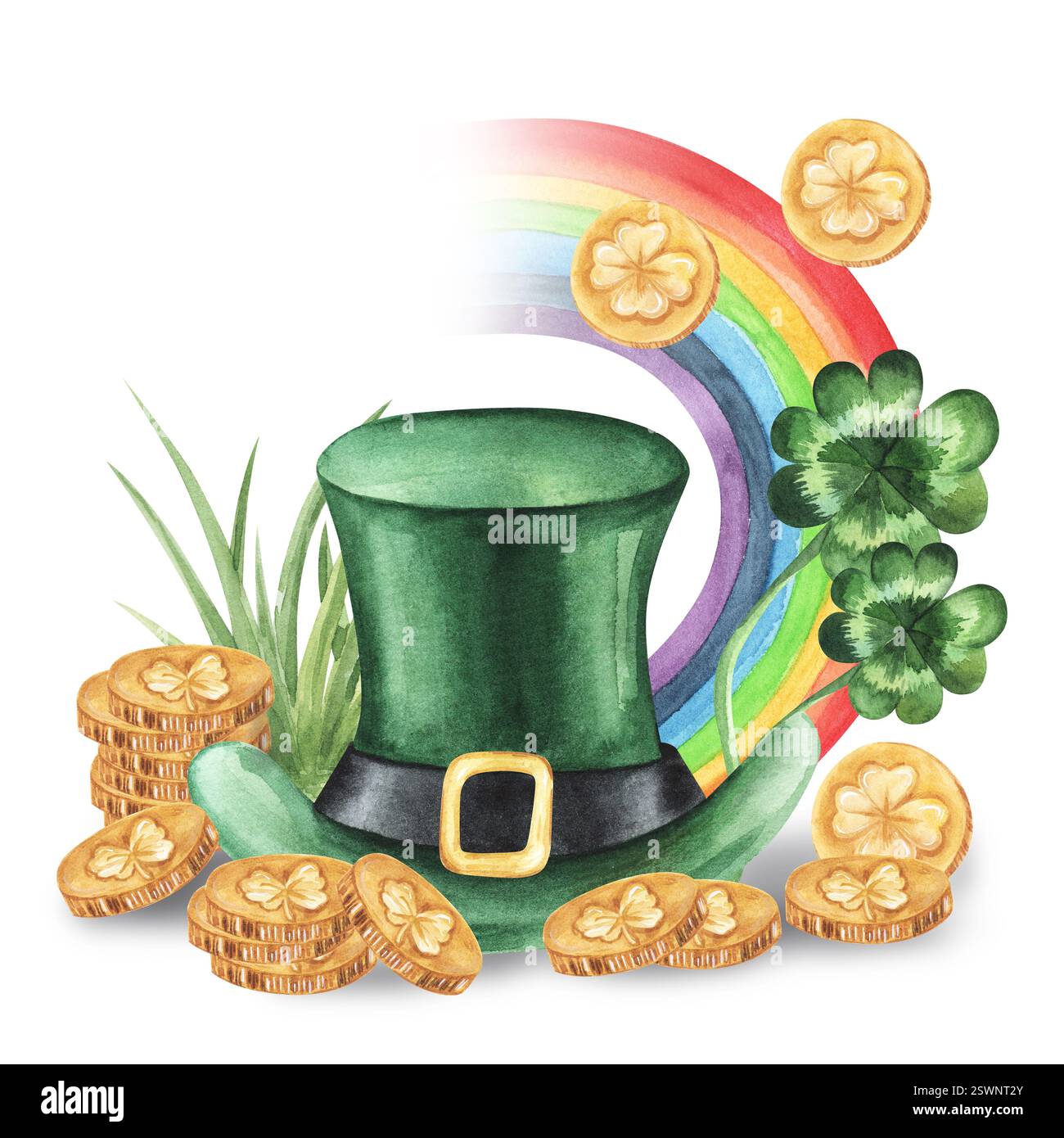 Watercolor drawing of hat and rainbow with lucky clover leaf, golden ...