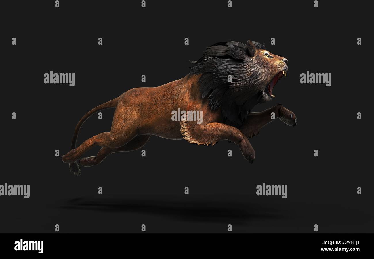 3d Illustration of Majestic lion leaping with mouth open in fierce roar ...