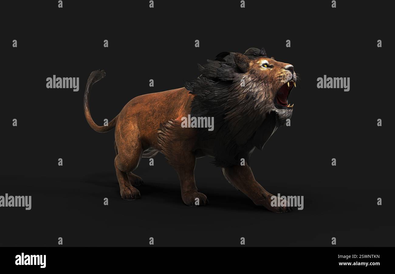 3d Illustration of Majestic lion leaping with mouth open in fierce roar ...