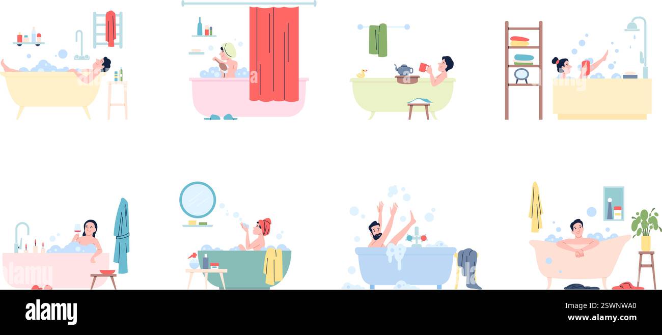People in bath. Bathing time, woman man taking baths. Personal hygiene ...