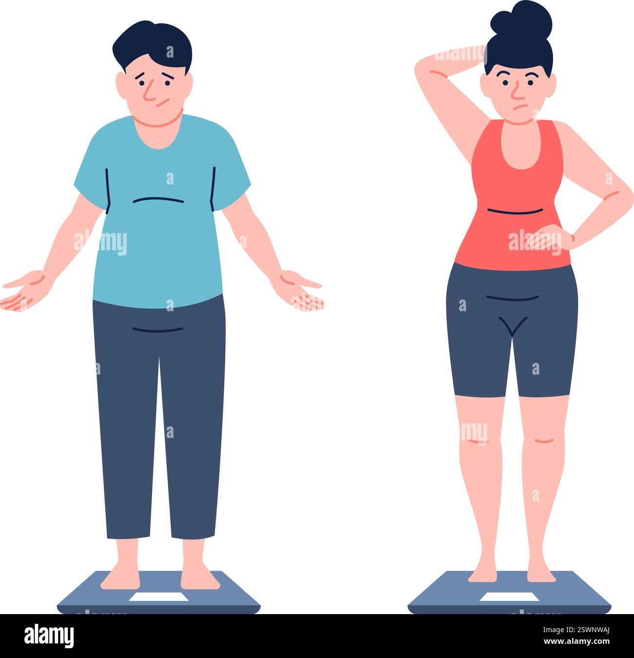 People on scales. Male female obese characters standing on scale and ...