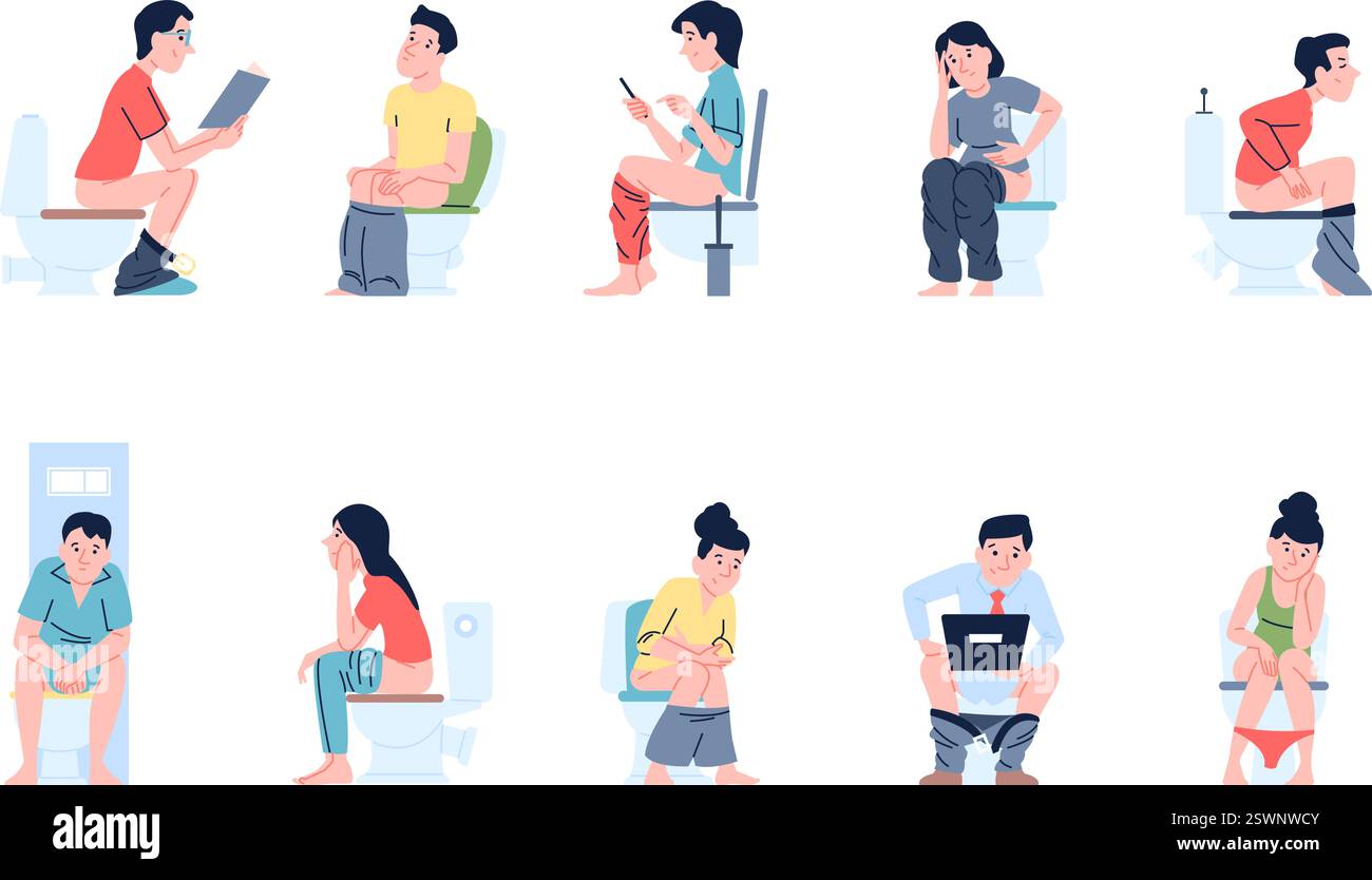 People sitting on toilets. Male female with gadgets on toilet, reading ...