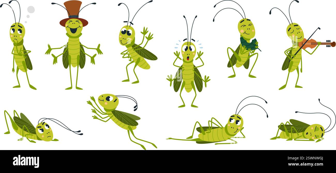 Cartoon grasshopper. Isolated grasshoppers in different poses and ...