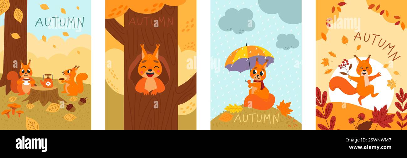 Squirrel posters. Cute squirrels characters drinking tea, jumping ...