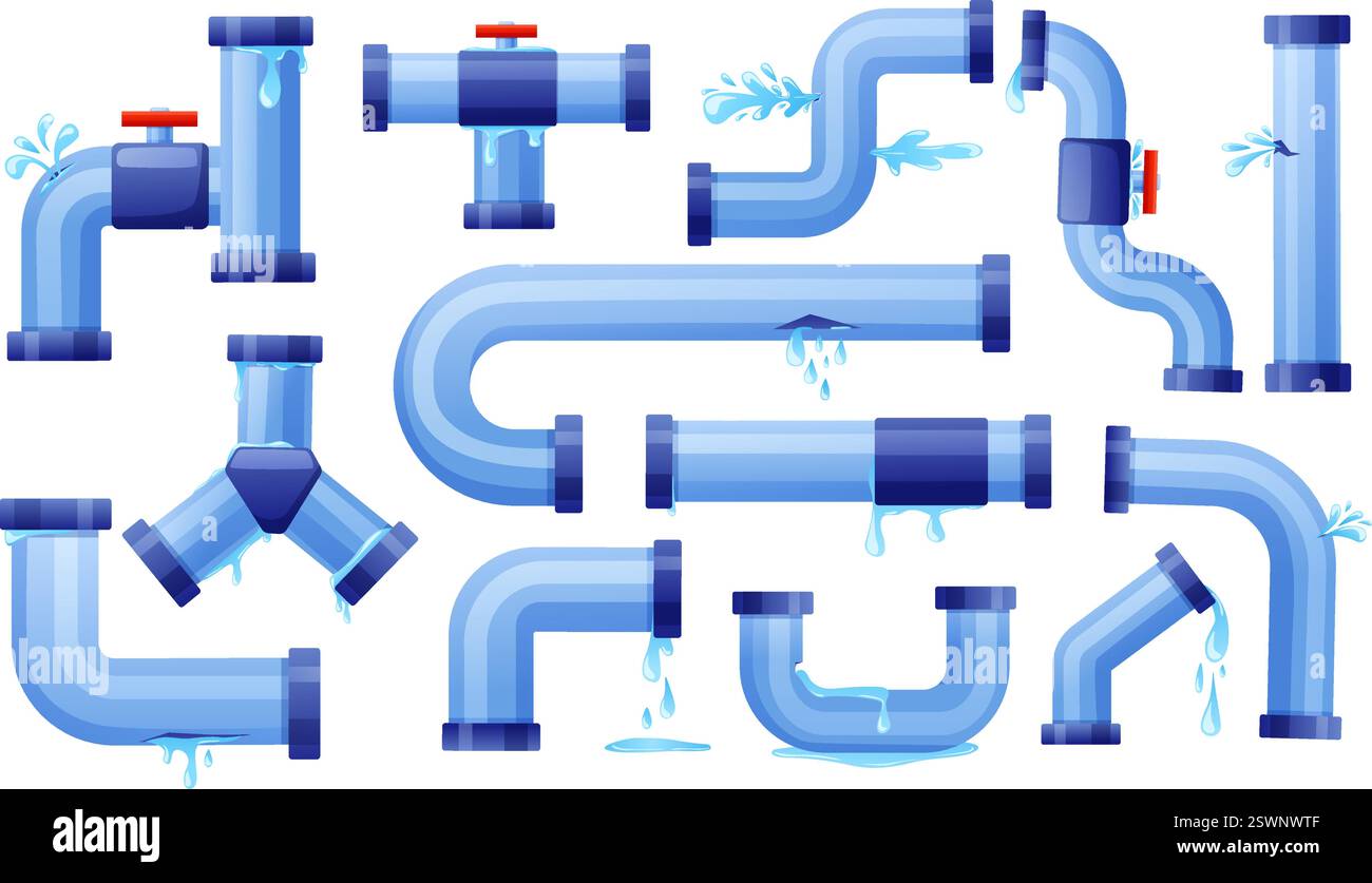 Isolated leaking pipes. Pipe with water drops and puddles. Cartoon ...