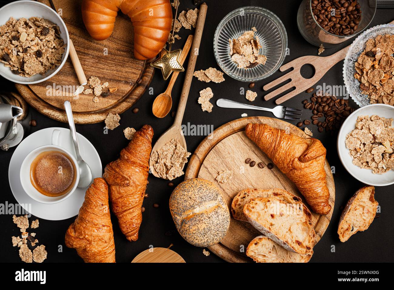 Fresh bread Pastries Coffee oatmeal breakfast cereal breakfast lat lay ...