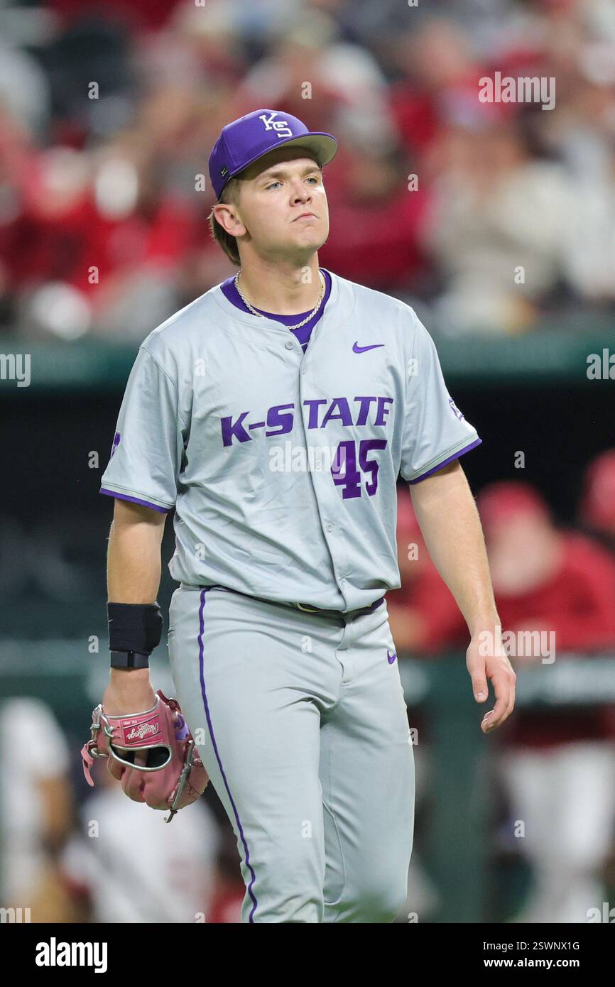 February 21, 2025: Jacob Frost (45) K-State pitcher makes his way off the field following an ...