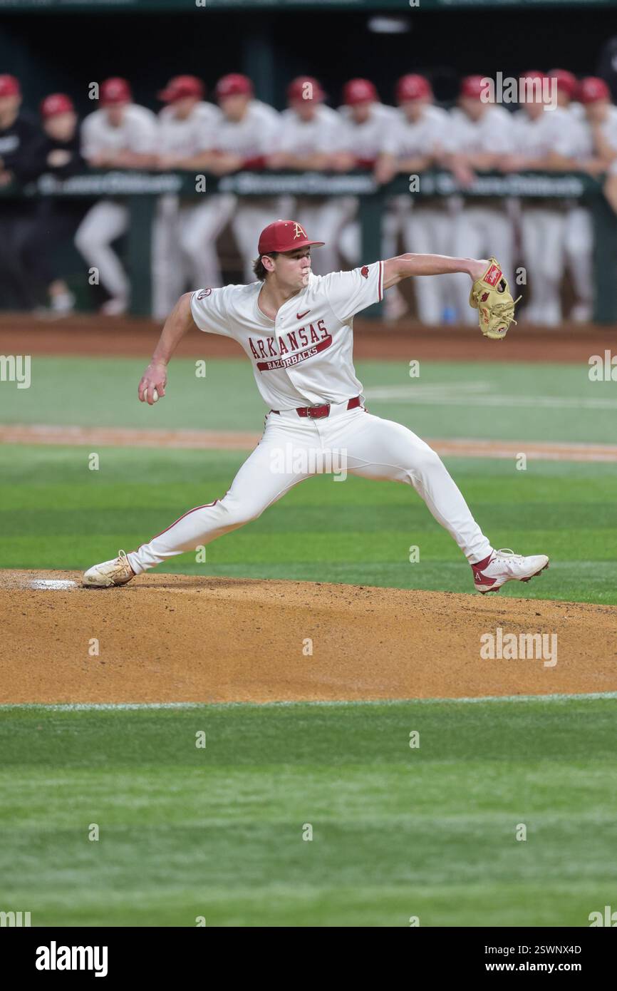February 21, 2025: Gabe Gaeckle (20) Arkansas pitcher works from the ...