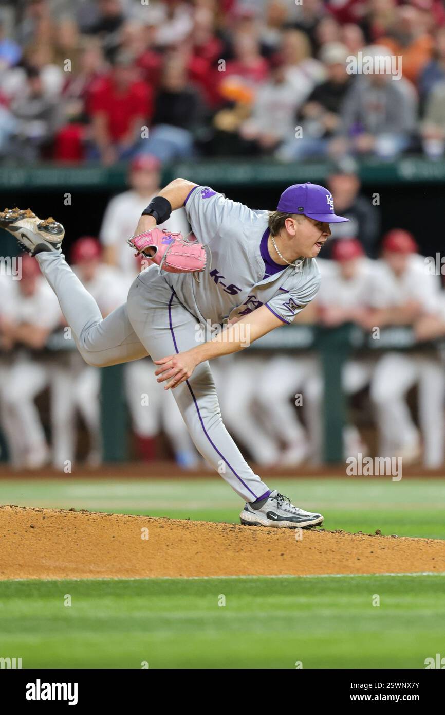 February 21, 2025: Jacob Frost (45) of Kansas State follows through on his pitching motion on ...