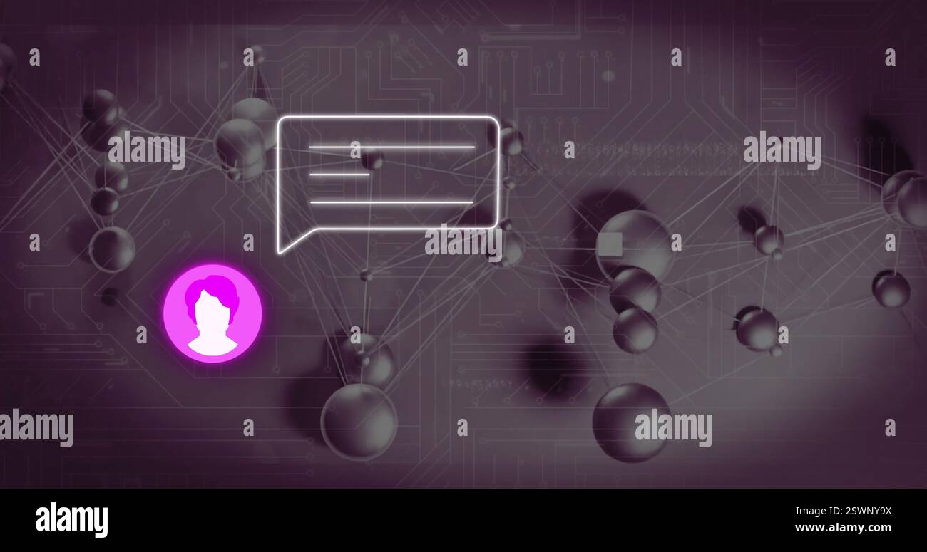Chat bubble and user icon image over digital network background with connected spheres Stock ...