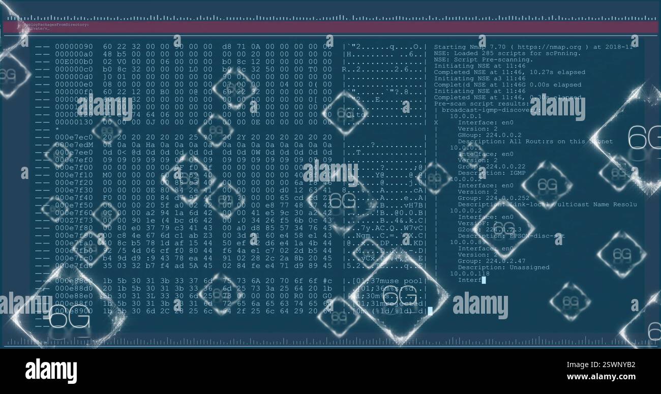Image of 5g and 6g text, digital data processing over computer screens ...