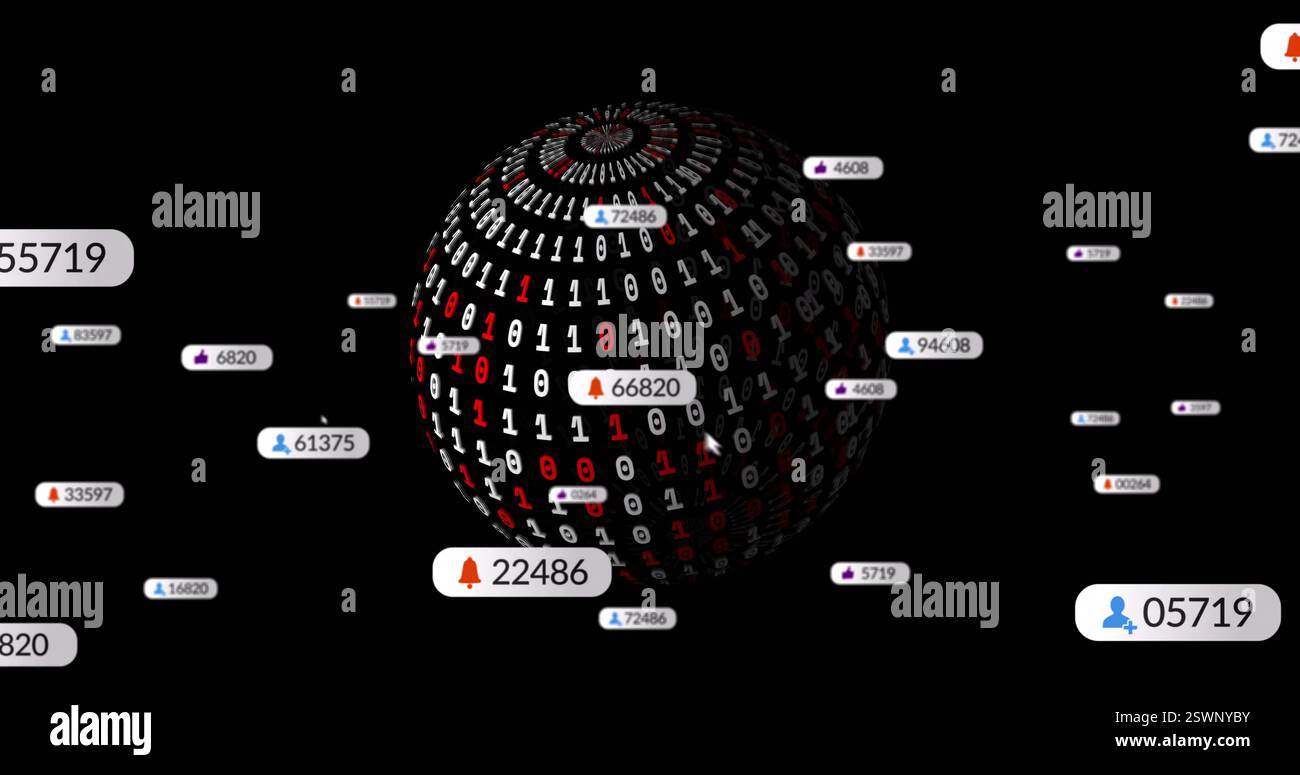 Image of media icons over globe of binary coding Stock Photo - Alamy