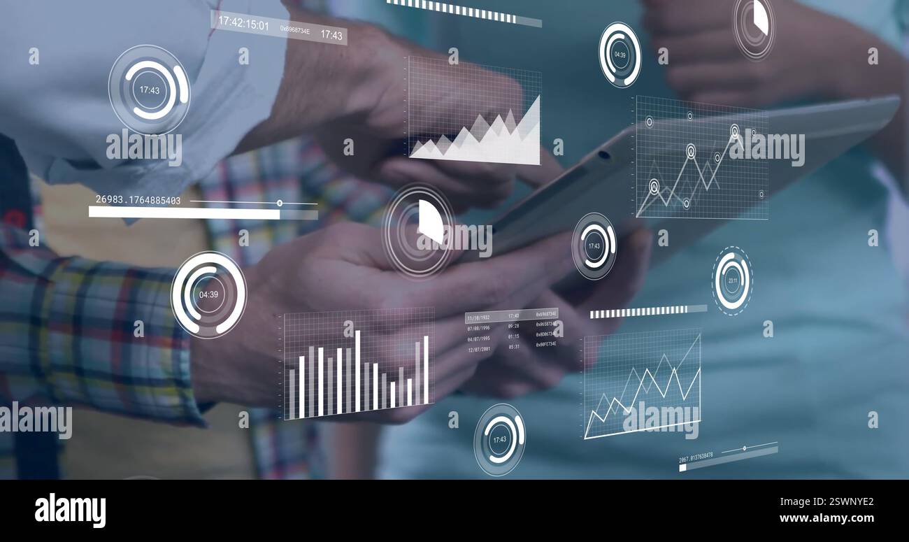 Analyzing data on tablet, business people with charts and graphs image ...