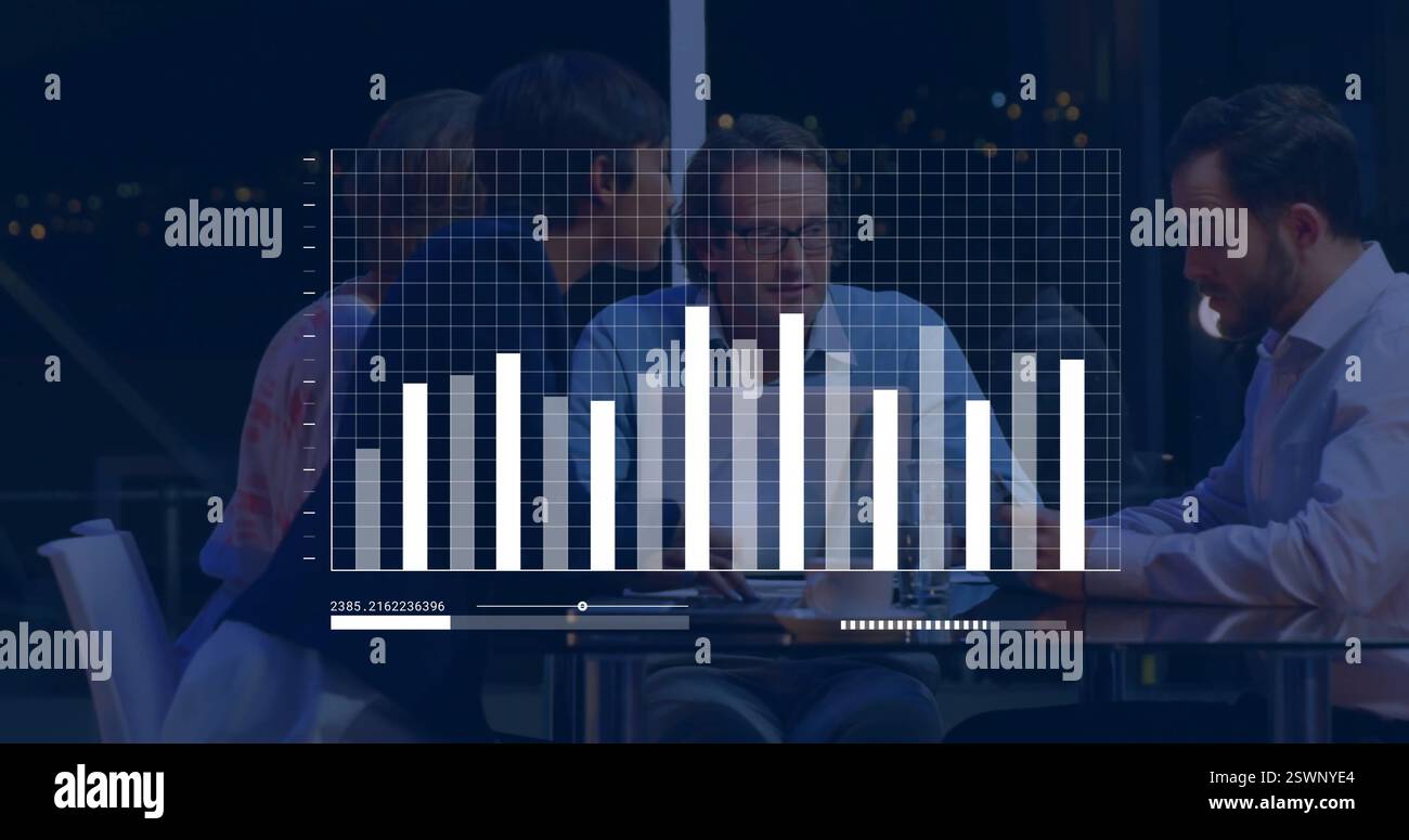 Business meeting with bar chart image over people discussing at table ...