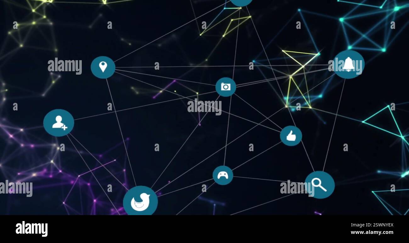 Image of network of connections with icons over shapes Stock Photo - Alamy